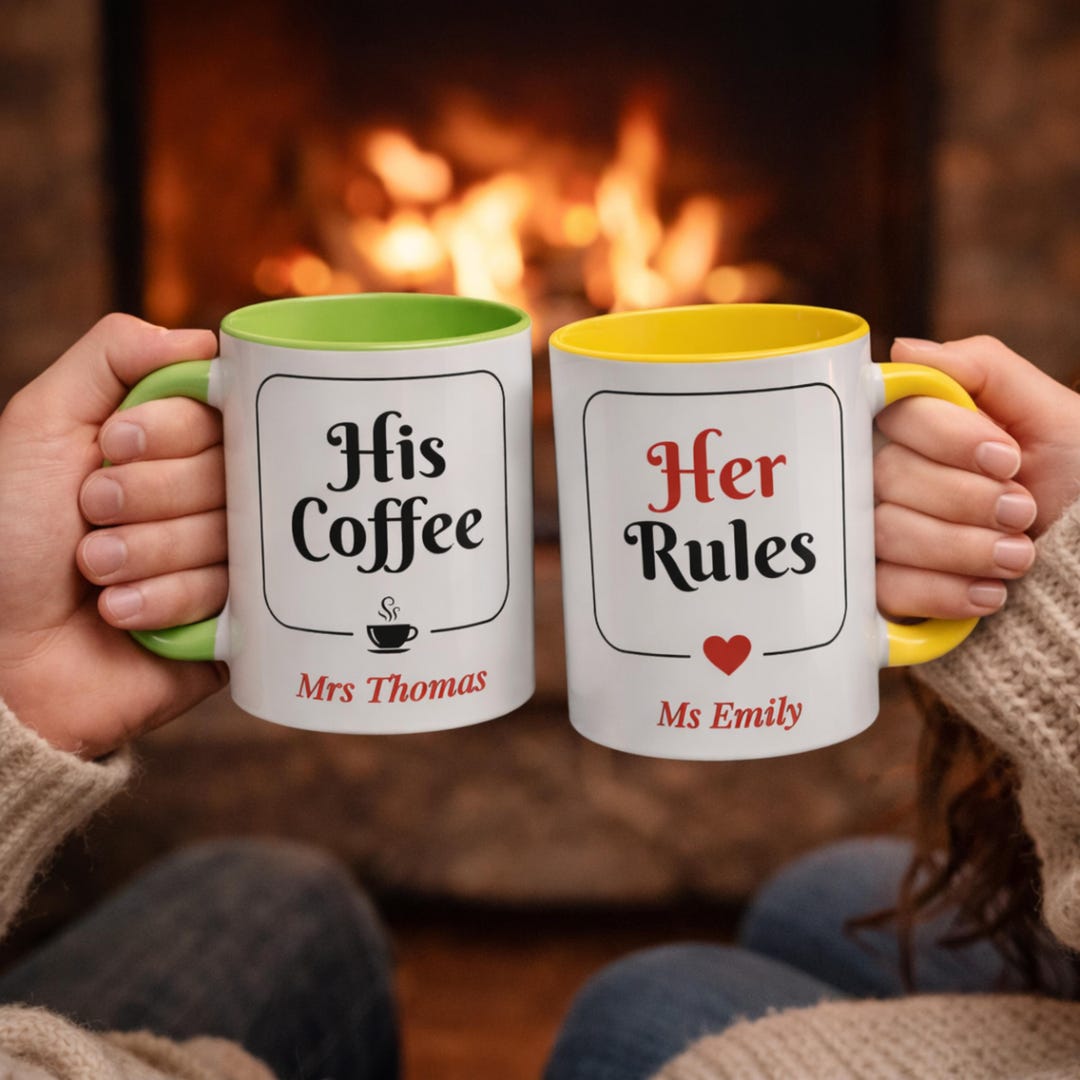 Personalized Couple Coffee Mugs, His Coffee Her Rules Set, Custom Names ...