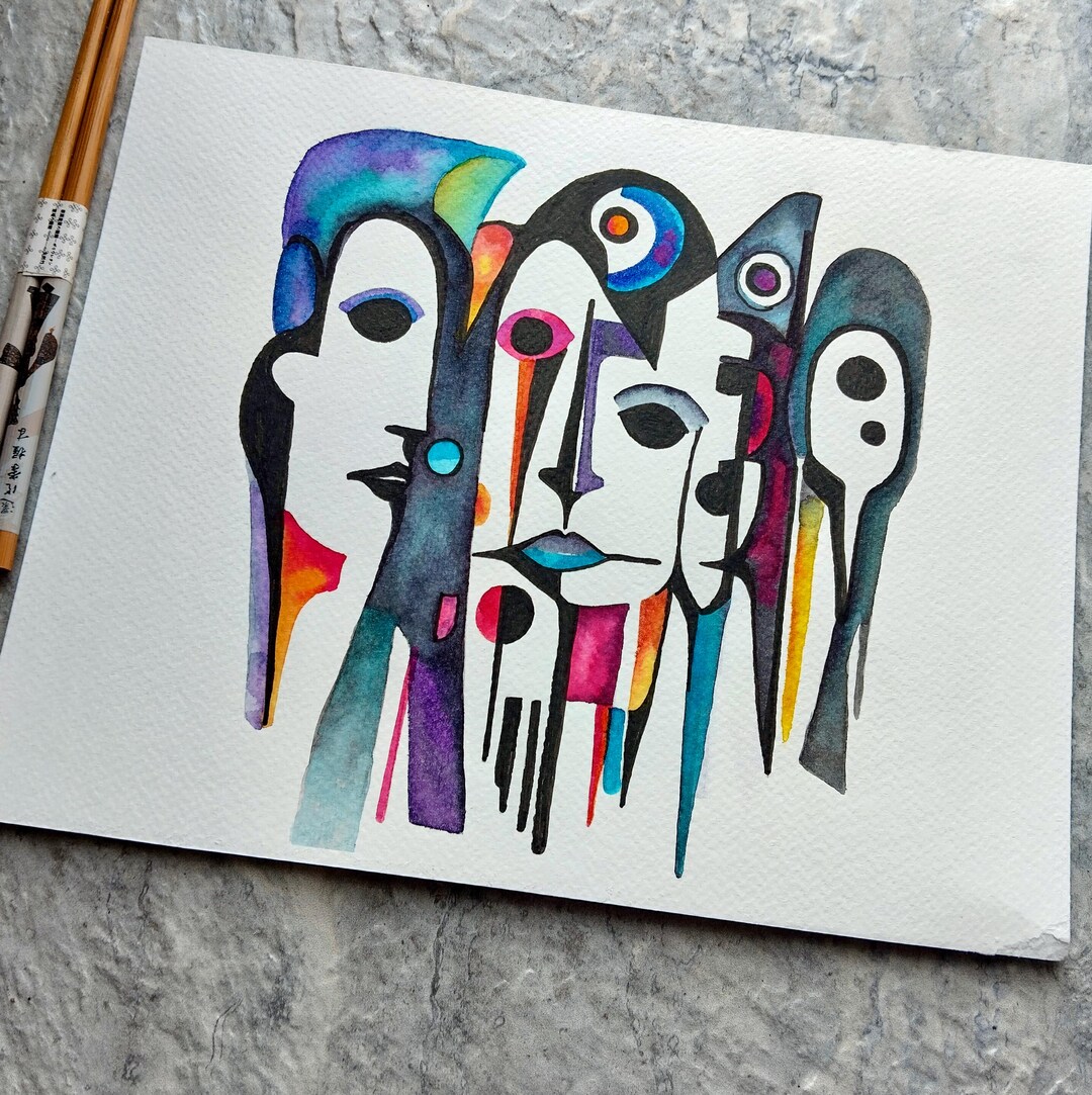 Abstract Surreal Portrait of People, Colorful Watercolor Painting, Not ...