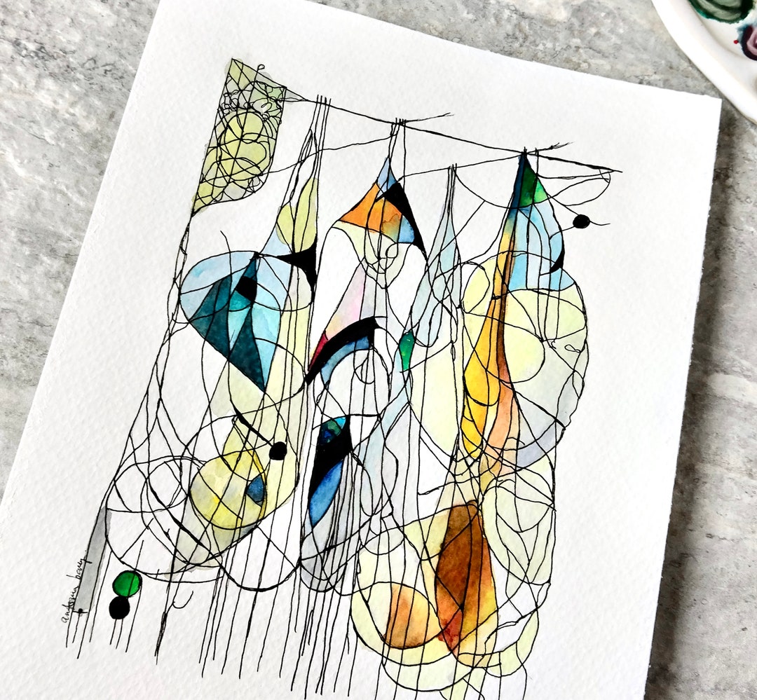 Abstract Landscape, Draped Lines Watercolor Painting, Not A Print, Hand ...