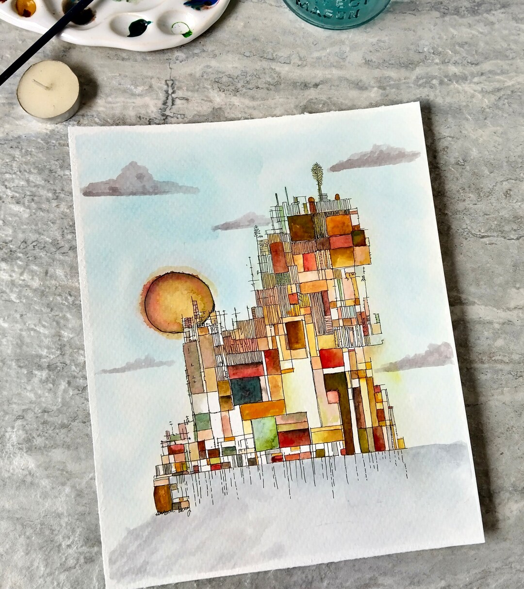 Sandstone Blocks Abstract Landscape, Watercolor Painting, Not A Print ...