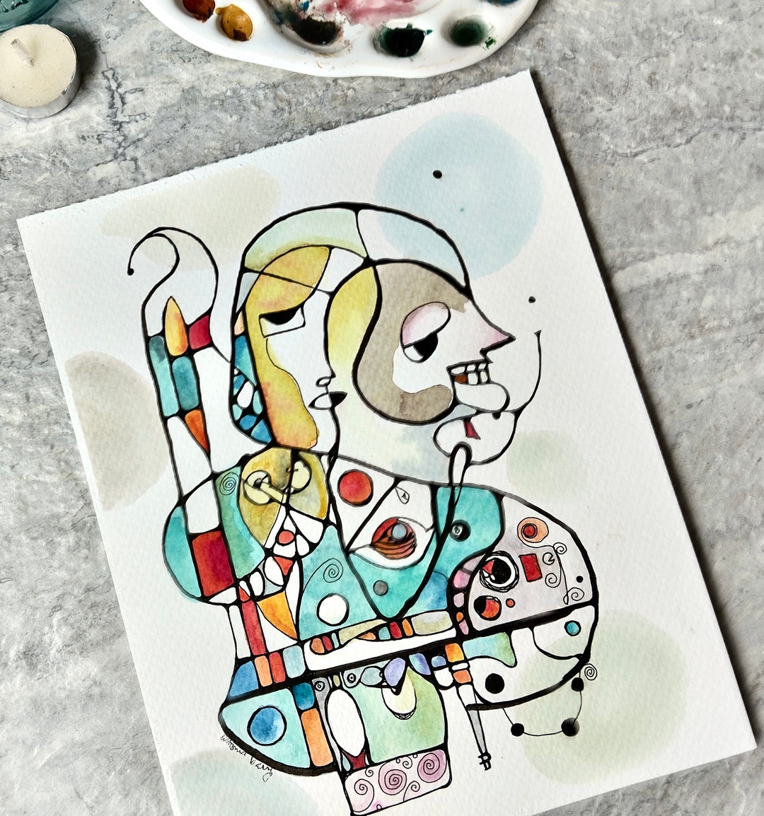 Original Watercolor Face Mask Painting: Abstract Ink Illustration - Etsy