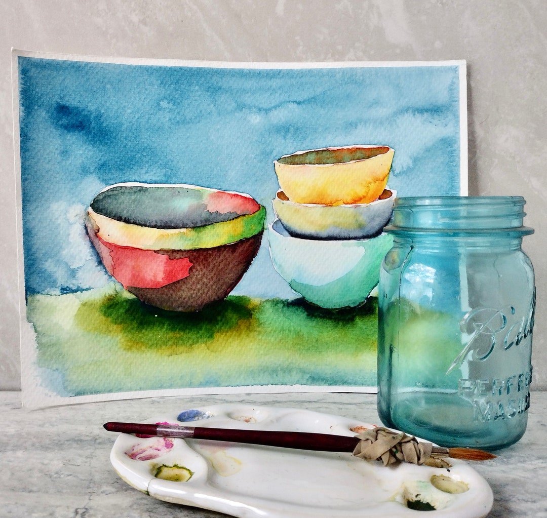 Stacked Bowls Watercolor Painting: Original Ink Wash Illustration - Etsy