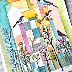 Magpies Urban Landscape, Watercolor Painting, Not A Print, Hand Painted ...