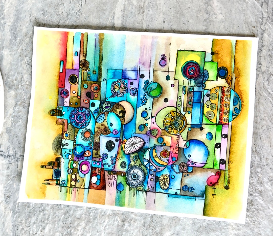 Busy Abstract Line and Watercolor Painting, Not A Print, Circles Hand ...