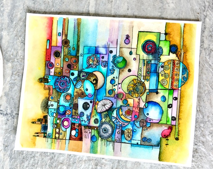 Busy Abstract Line and Watercolor Painting, Not A Print, Circles Hand ...