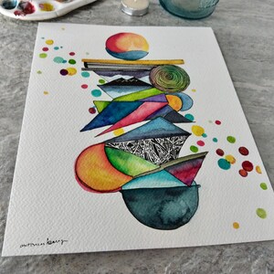Original Abstract Watercolor Painting: Stacked Shapes Ink Illustration ...