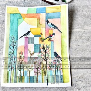 Magpies Urban Landscape, Watercolor Painting, Not A Print, Hand Painted ...