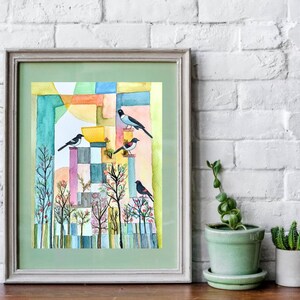 Magpies Urban Landscape, Watercolor Painting, Not A Print, Hand Painted ...