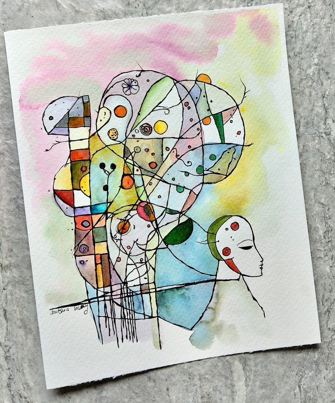 Abstract Mask Portrait, Colorful Watercolor Painting, Not A Print, Hand ...