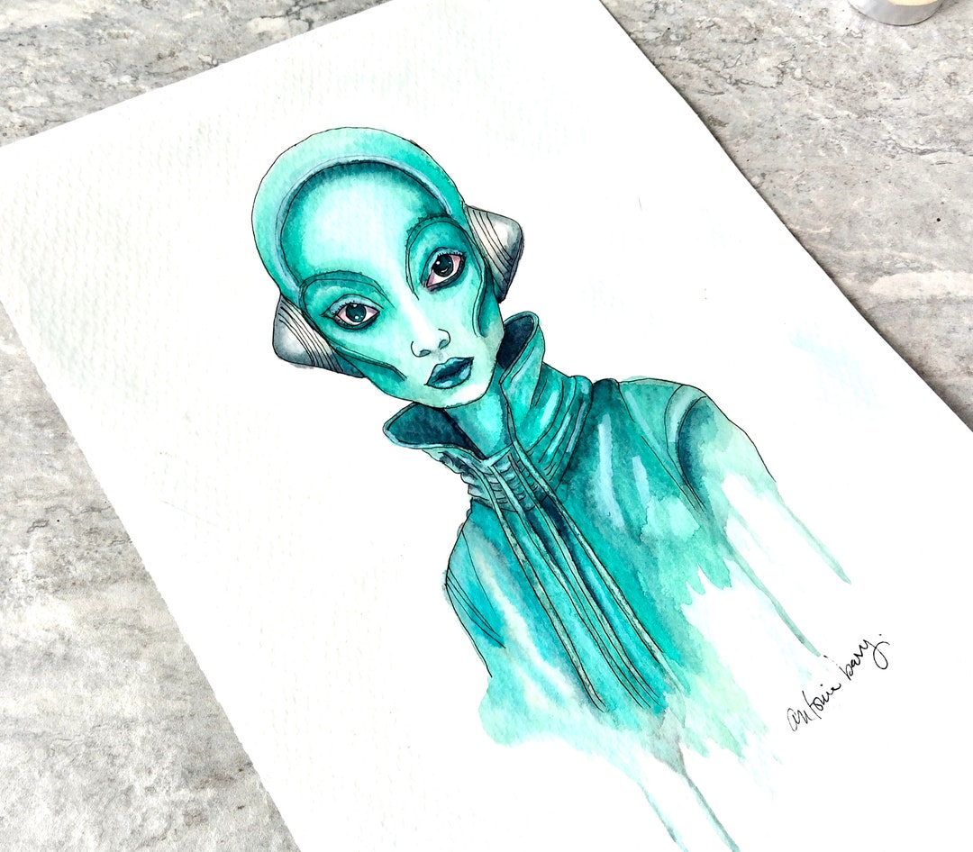 Cyan Alien Woman: Original Watercolor Painting, Outer Space Art - Etsy