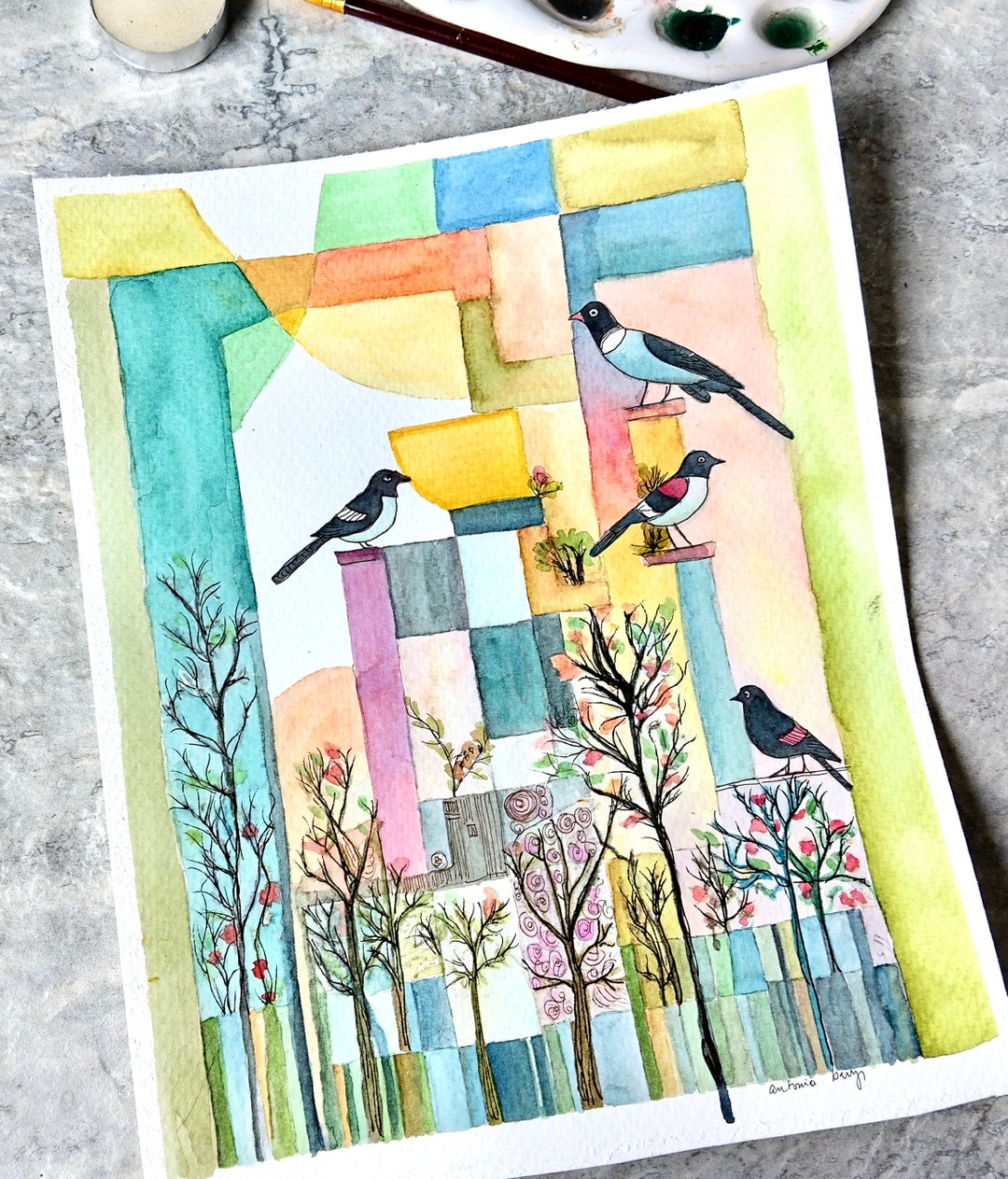 Magpies Urban Landscape, Watercolor Painting, Not A Print, Hand Painted ...