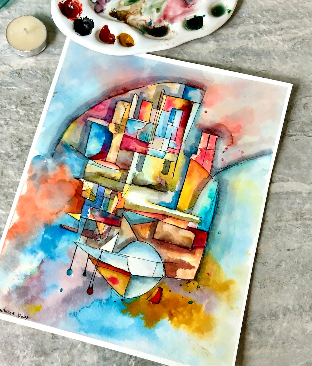 Loose Abstract Watercolor Painting, Not A Print, Teal Red Circle, Hand ...