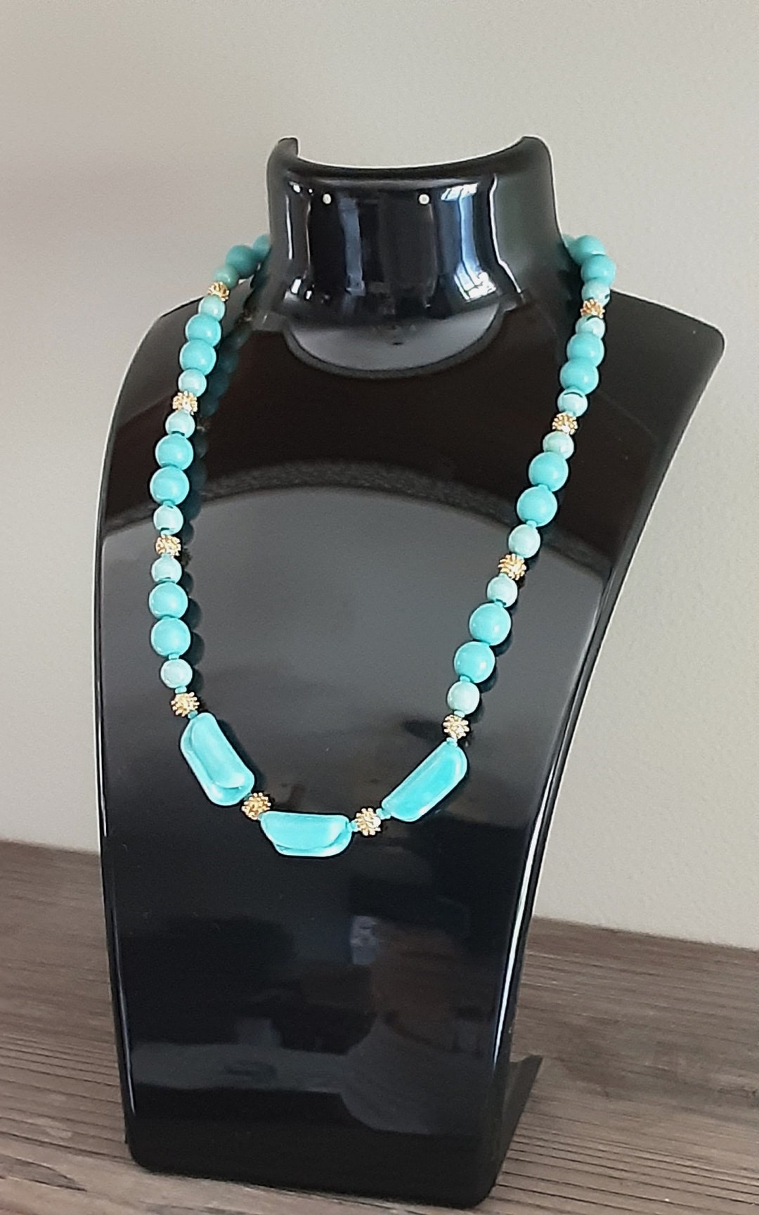 Miriam Haskell Vintage Turquoise Glass Beads and Gold Nuggets Choker ...