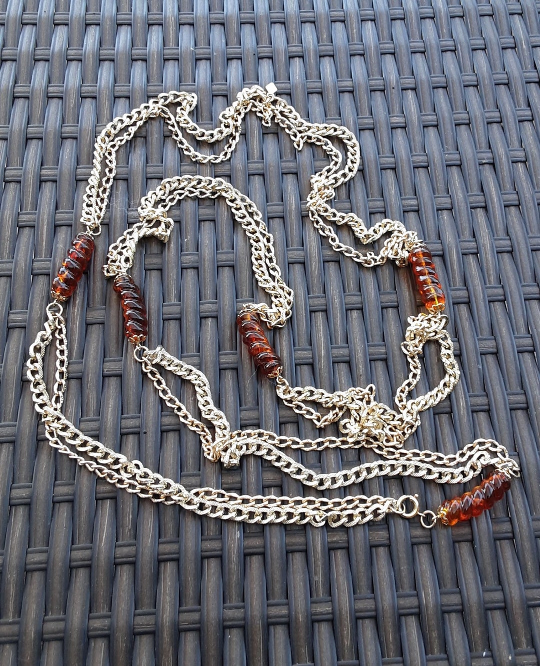 Vintage Sarah Coventry Gold Tone 2-strand Chain W/amber Rectangle Bead ...