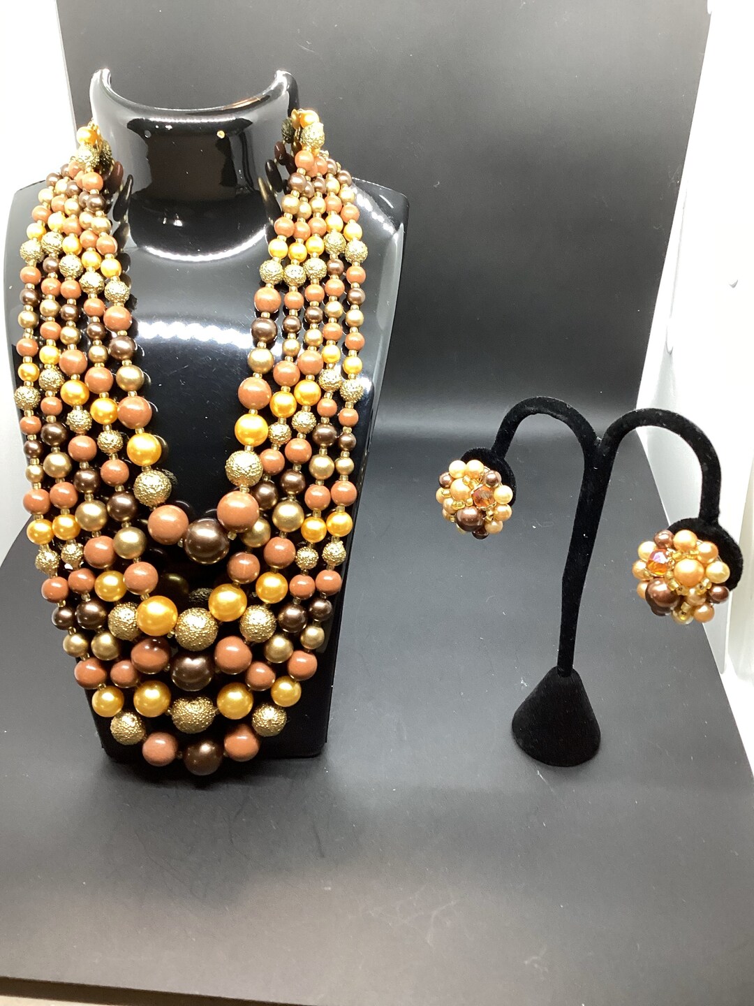 Vintage Japan Jewelry Set, 5-strand, Graduated Gold & Browns, Bead ...