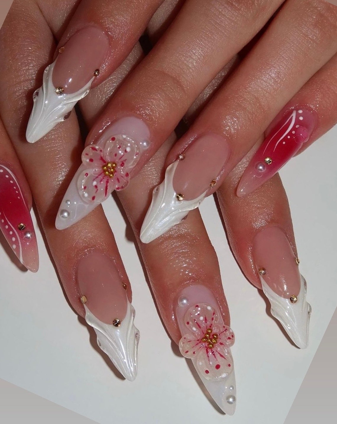 Red With 3D Flower Nails/ Presson Nails/ Birthday Nails/ Bridal Shower ...