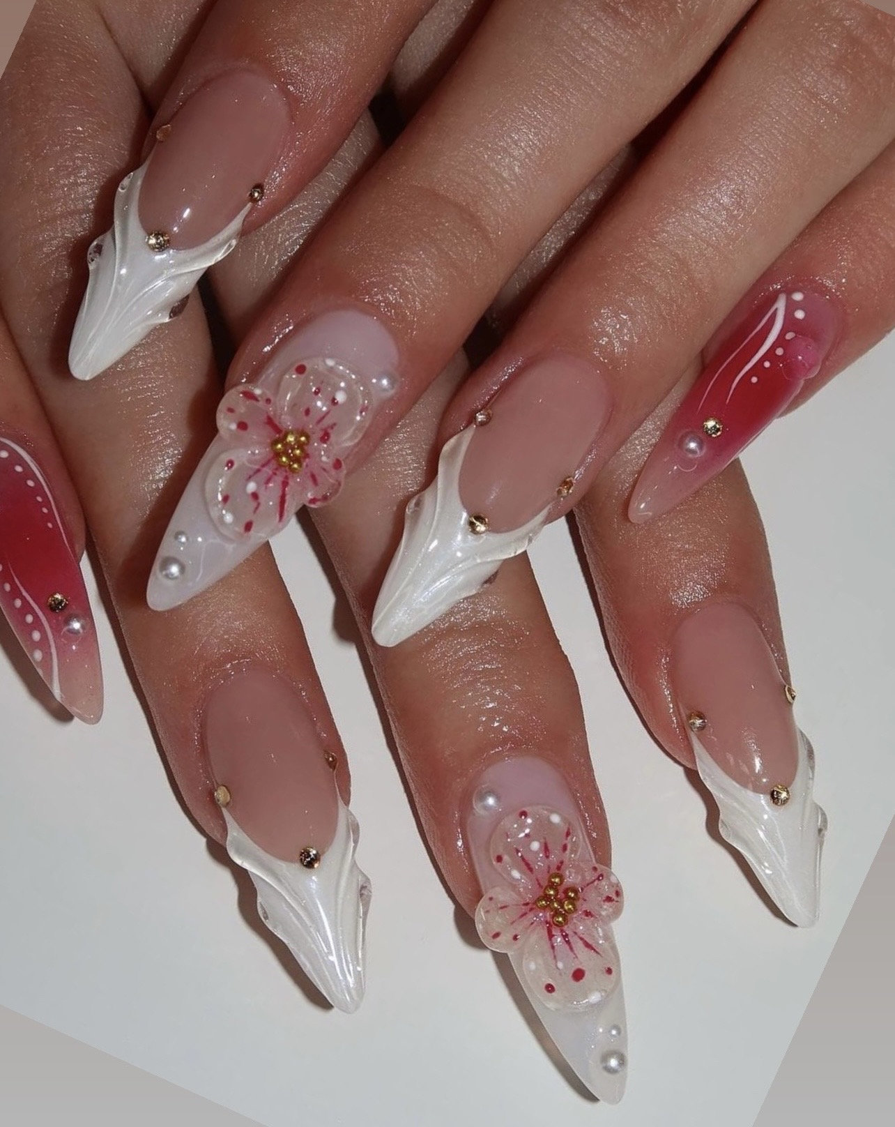 Red With 3D Flower Nails/ Presson Nails/ Birthday Nails/ Bridal Shower ...