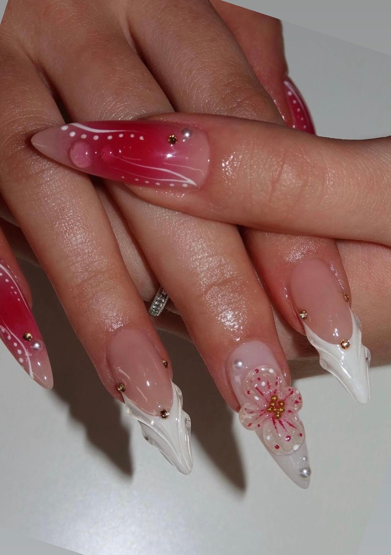 Red With 3D Flower Nails/ Presson Nails/ Birthday Nails/ Bridal Shower ...