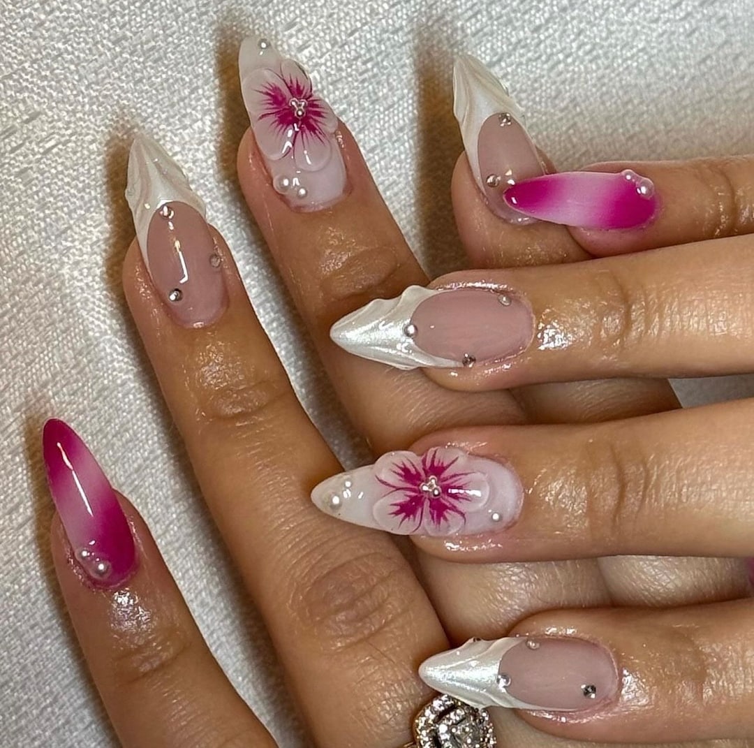 3D Flower Pink Nail Set/custom Presson Nails/ Birthday Nails/ Bridal ...