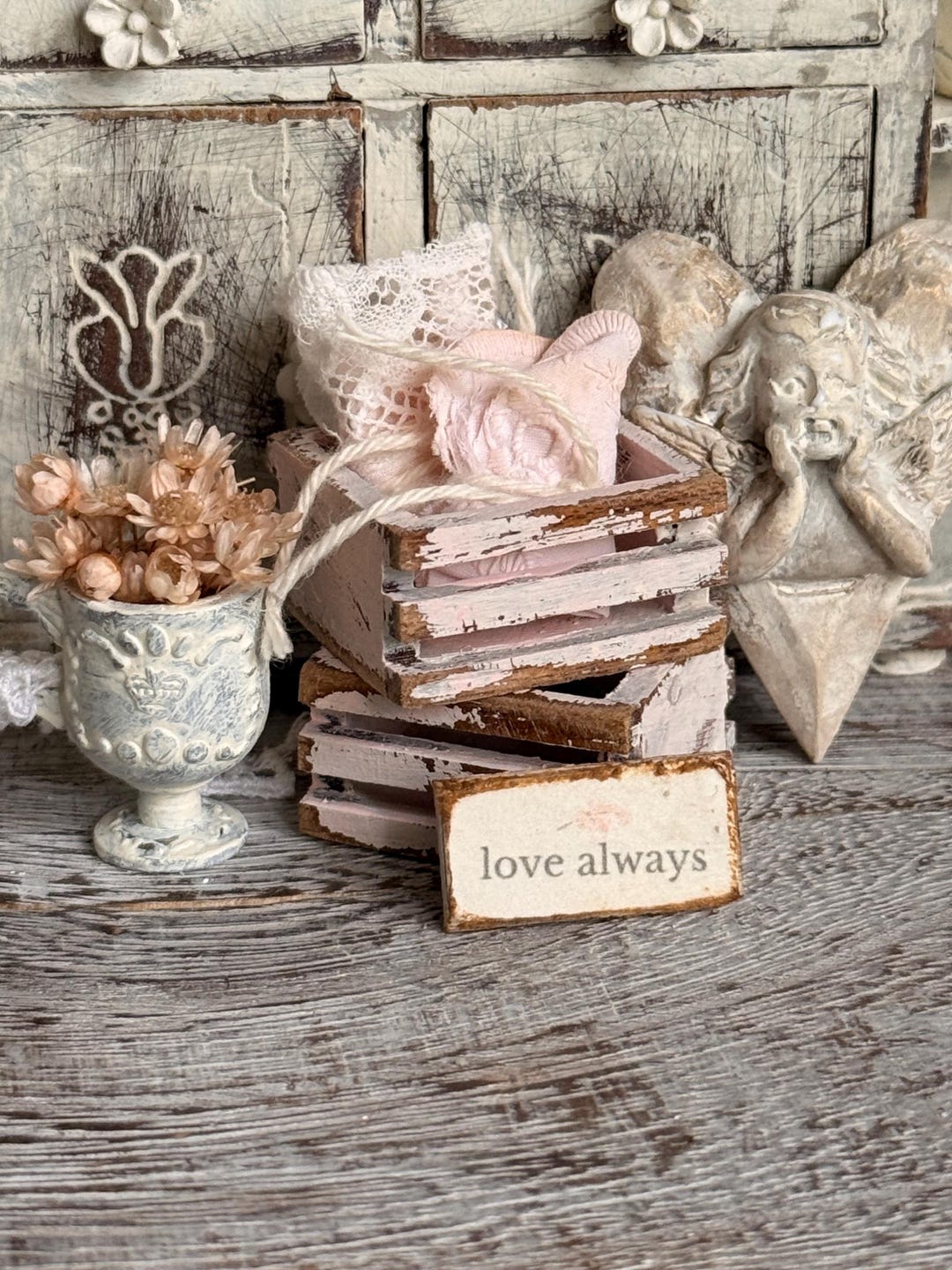 Blush Mini Wooden Crate | French Cottage Dollhouse Storage | Shabby ...