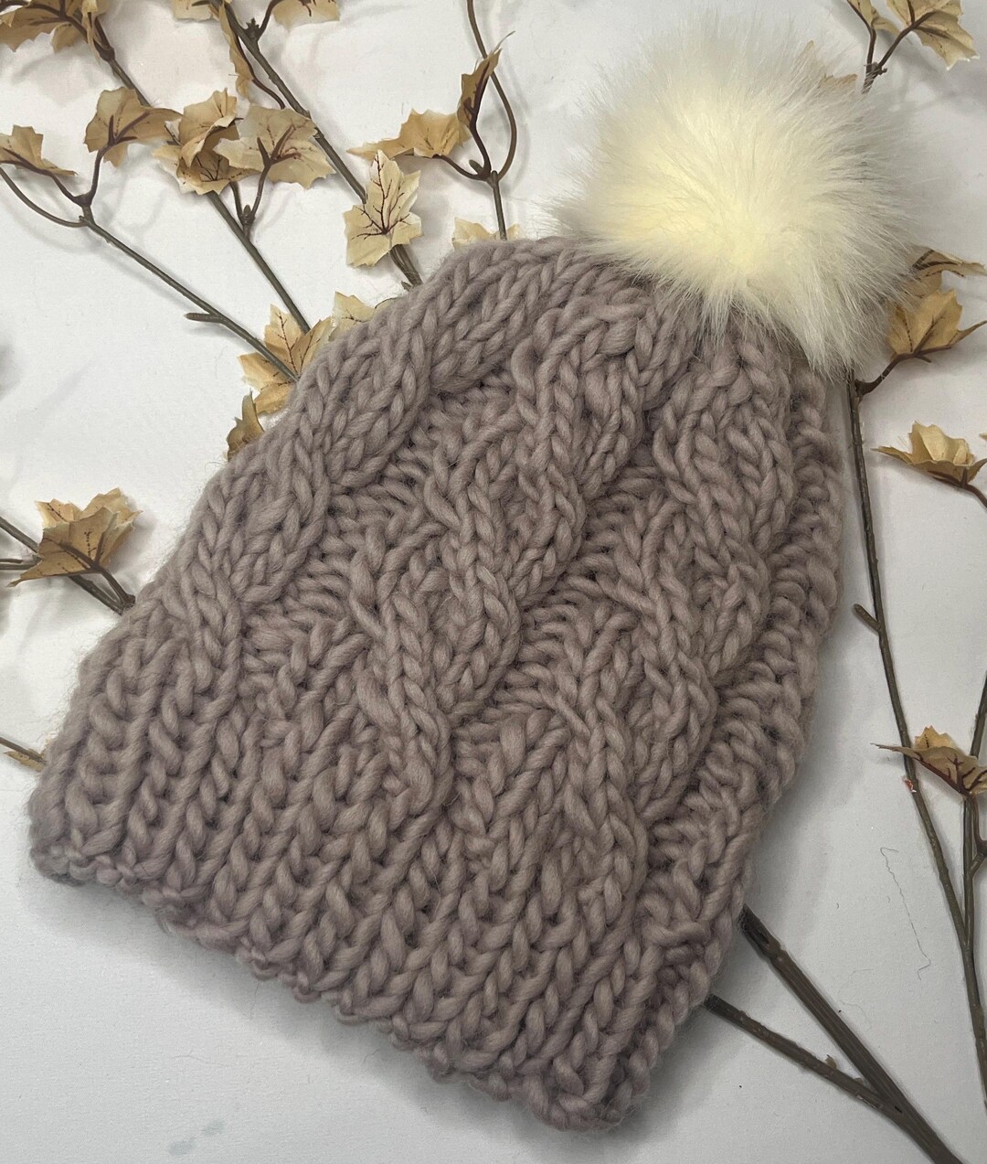 Handmade 100% Wool Knit Hat With Faux Fur Pom Pom - Oat - Etsy
