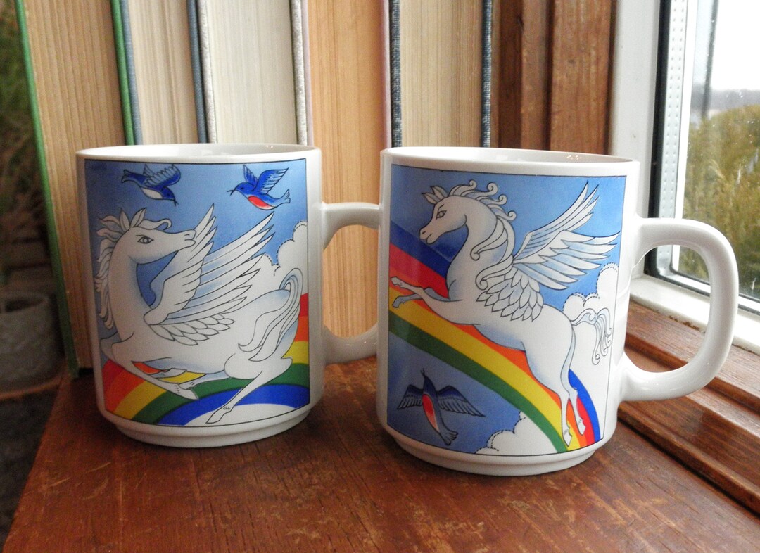 Vintage Pegasus Coffee Mugs - 1980s Ceramic Tea Cups - Pegasus Mug Set Eco Gift - Collectible ...