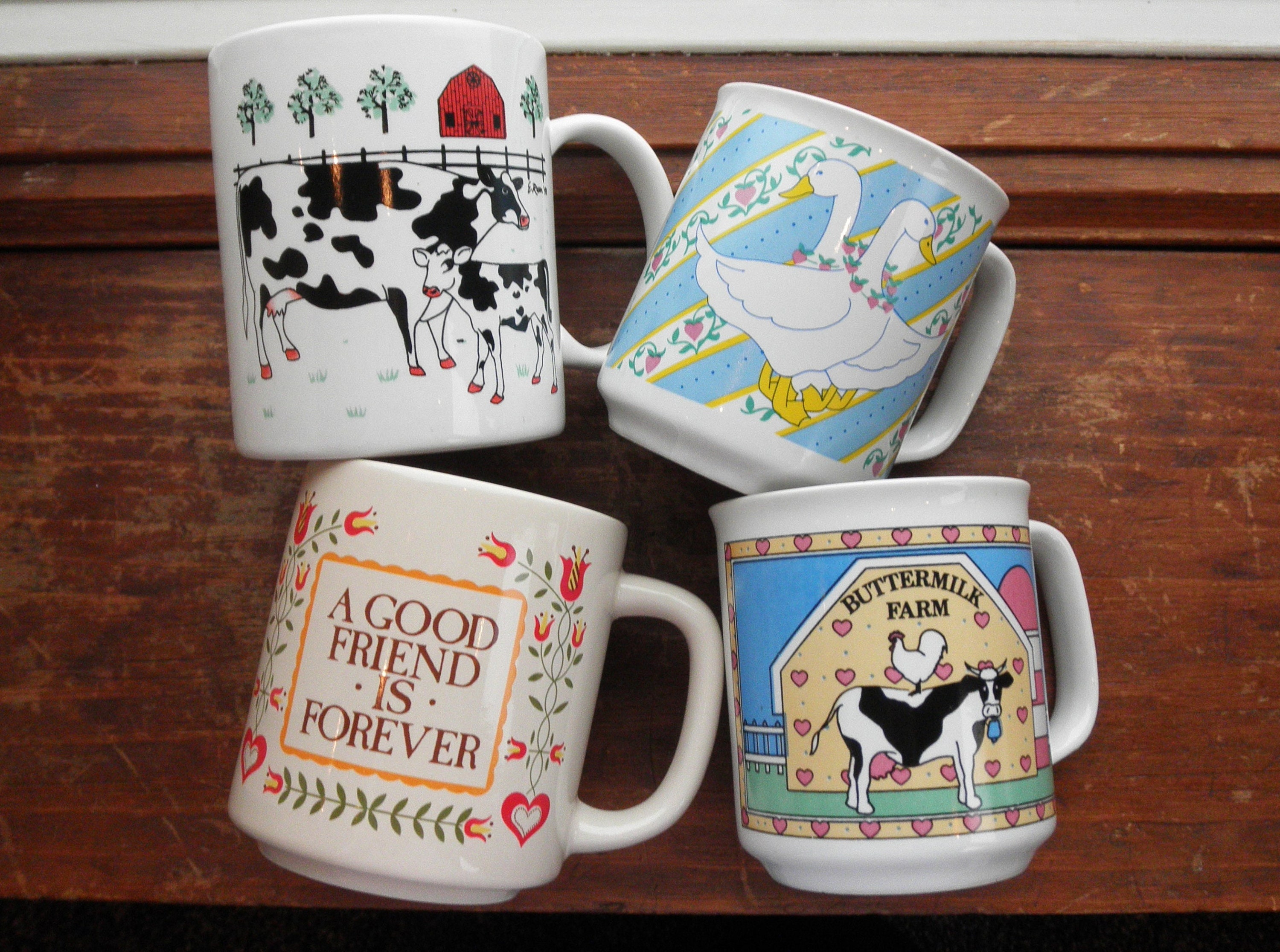 4 Vintage Farmhouse Cottage Coffee Cups / Mugs Country Barnyard Ceramic ...