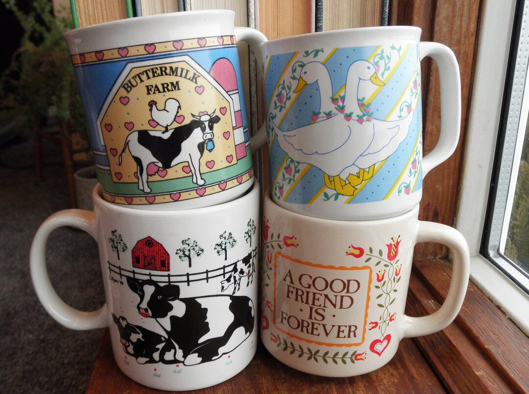 4 Vintage Farmhouse Cottage Coffee Cups / Mugs Country Barnyard Ceramic ...