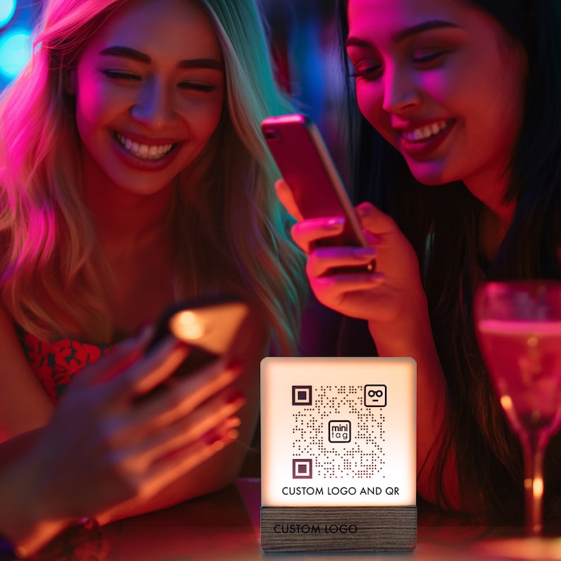 Rechargeable Custom LED Qr Code Menu Sign | Wedding Sign Gift | LED Decor With Natural Wood Base ...