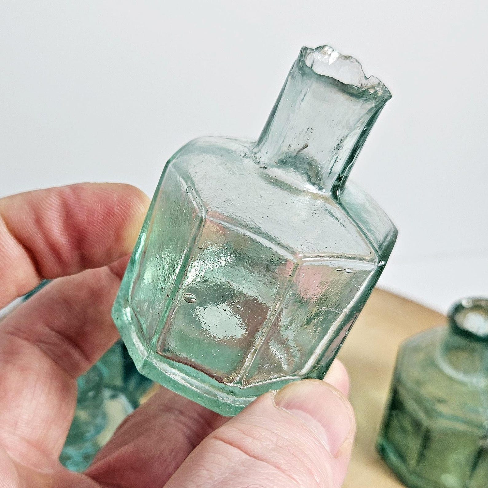 Old Vintage Ink Bottles, Octagonal Antique Ink Pots, Aqua Glass ...