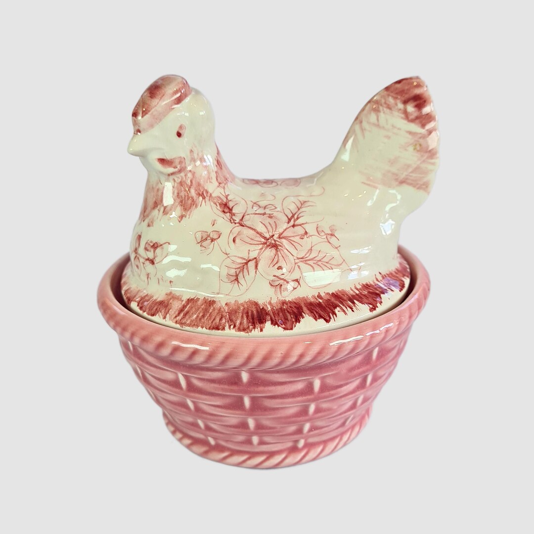 Vintage Ceramic Chicken Egg Basket: Pink Floral Egg Holder, Farm ...