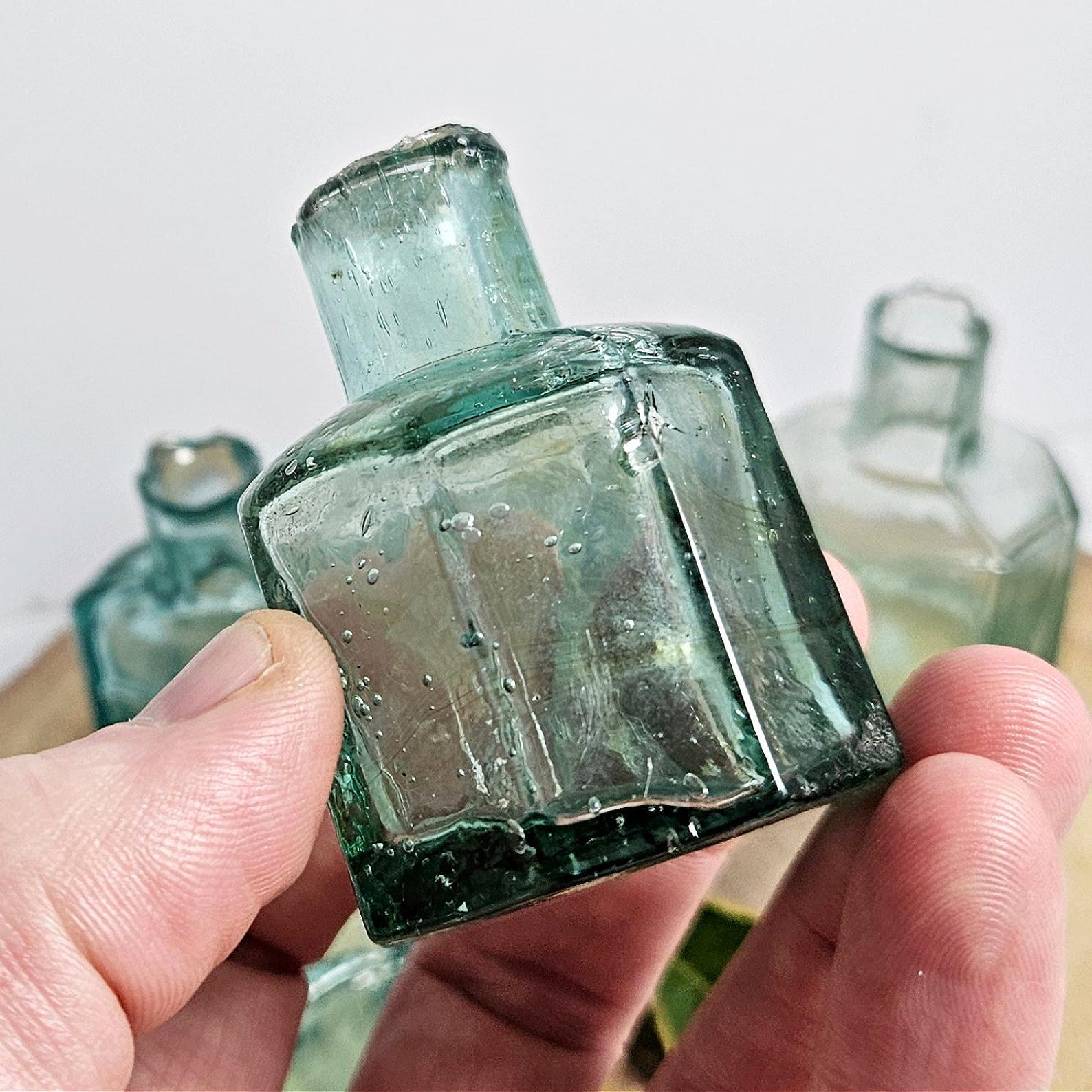 Old Vintage Ink Bottles, Octagonal Antique Ink Pots, Aqua Glass ...