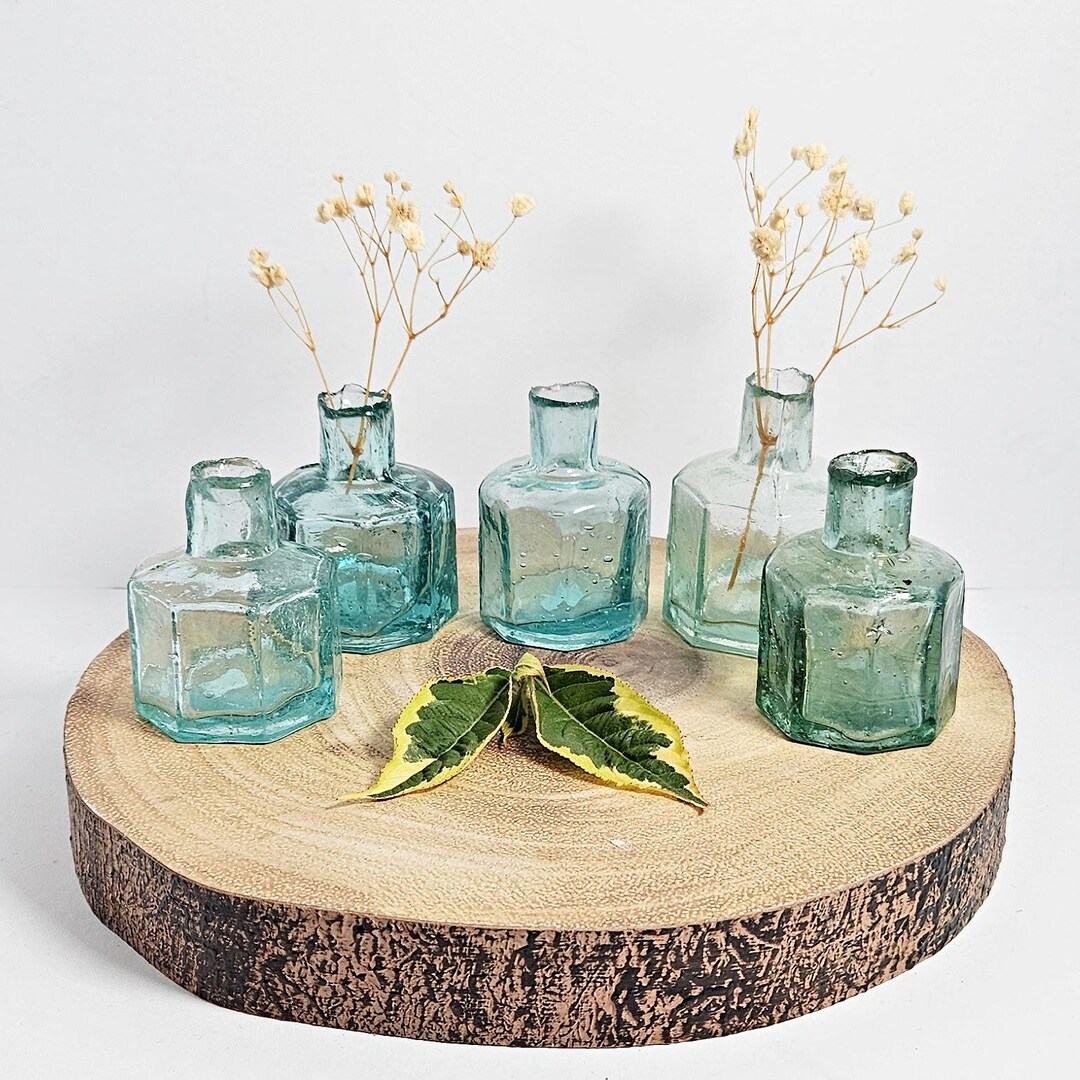Old Vintage Ink Bottles, Octagonal Antique Ink Pots, Aqua Glass ...