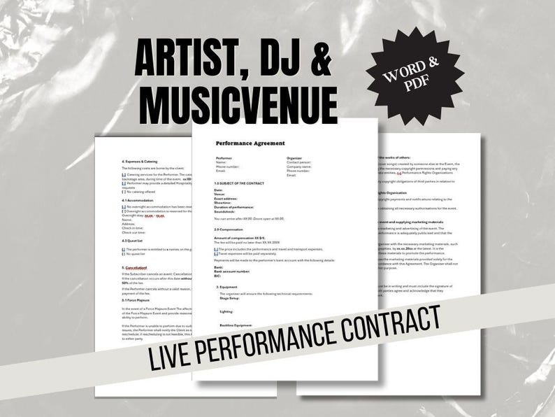 Live Performance Contract Template for Artists | Venues | Musicians | Djs | Event Organizers ...