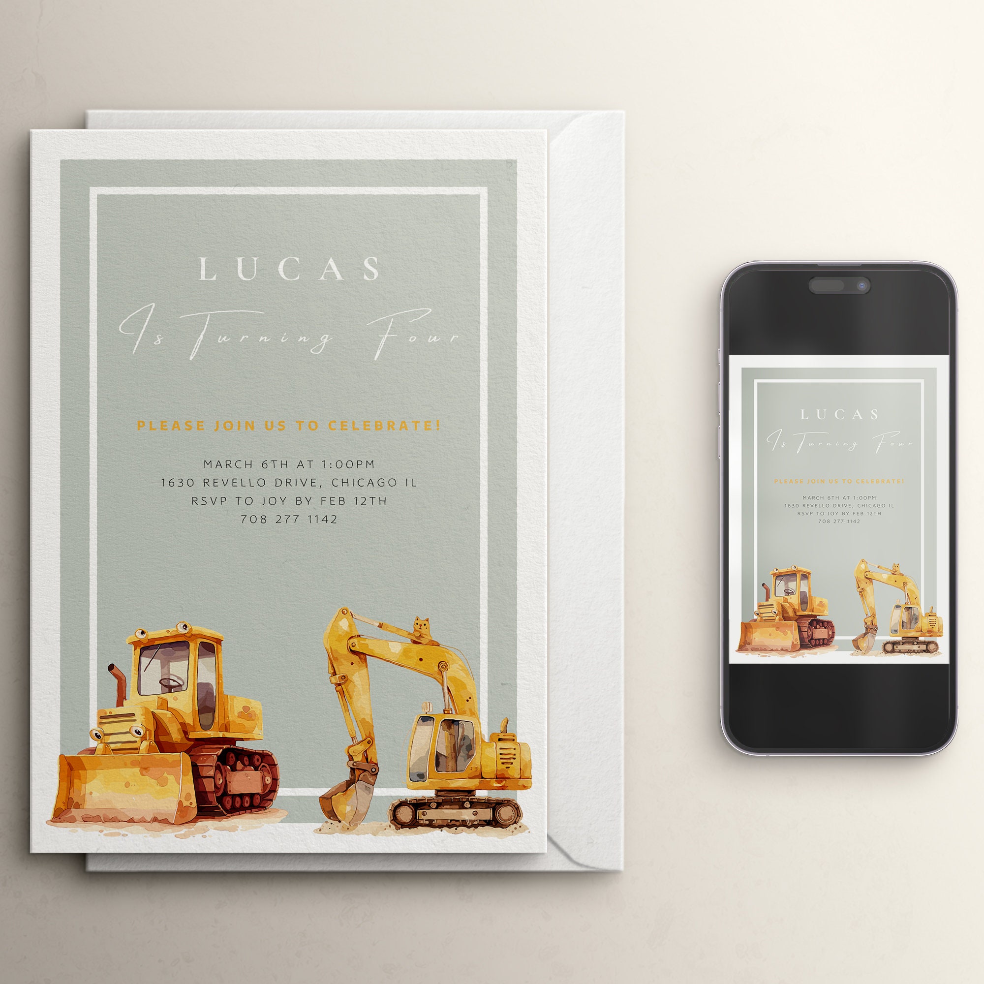 Editable Excavator Construction Birthday Invitation Template Tractor ...