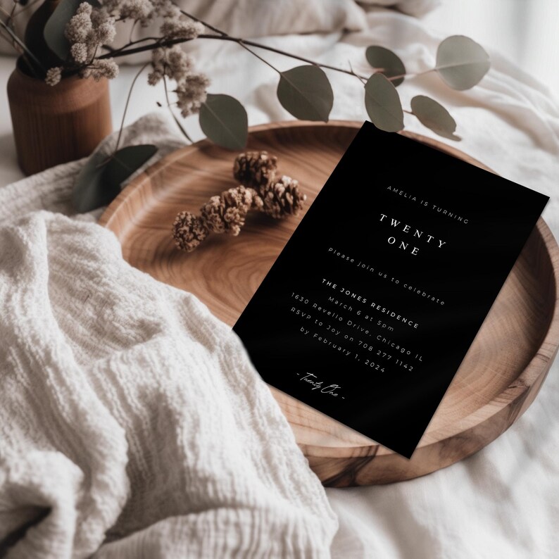 Editable 21st Black Birthday Invitation Template, Modern Minimalist ...