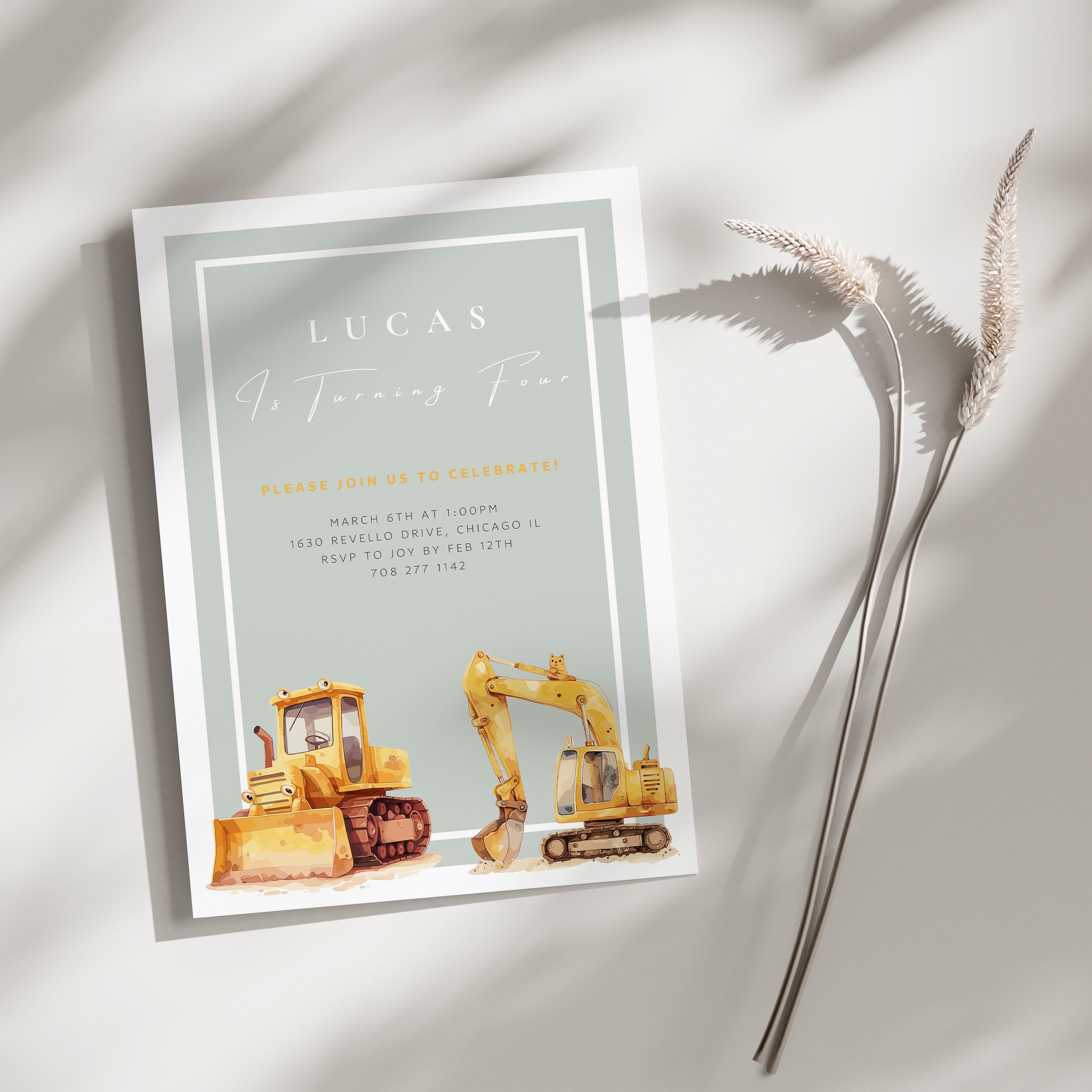 Editable Excavator Construction Birthday Invitation Tractor Excavator ...