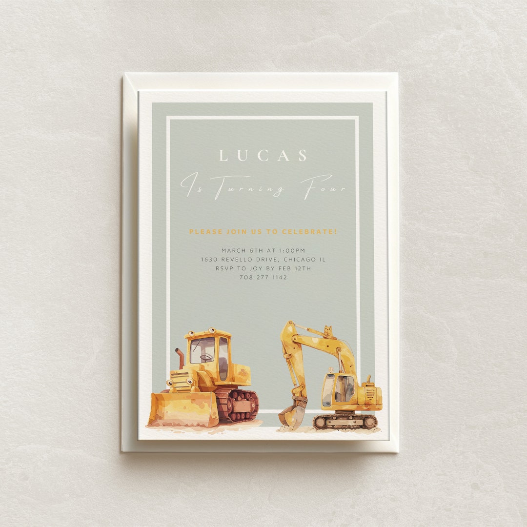 Editable Excavator Construction Birthday Invitation Tractor Excavator ...