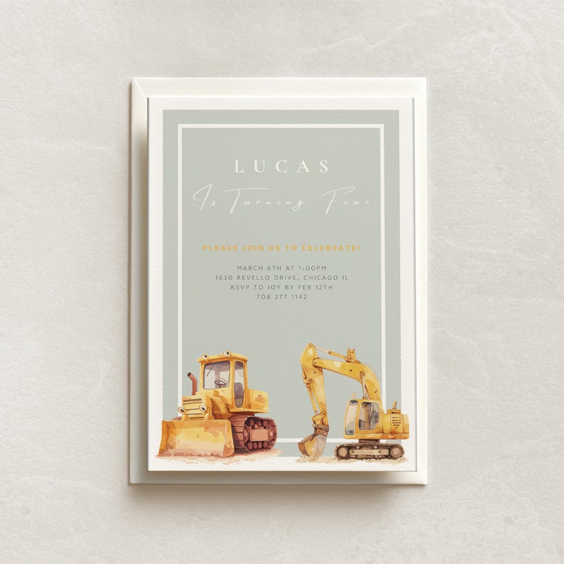 Editable Excavator Construction Birthday Invitation Template Tractor ...