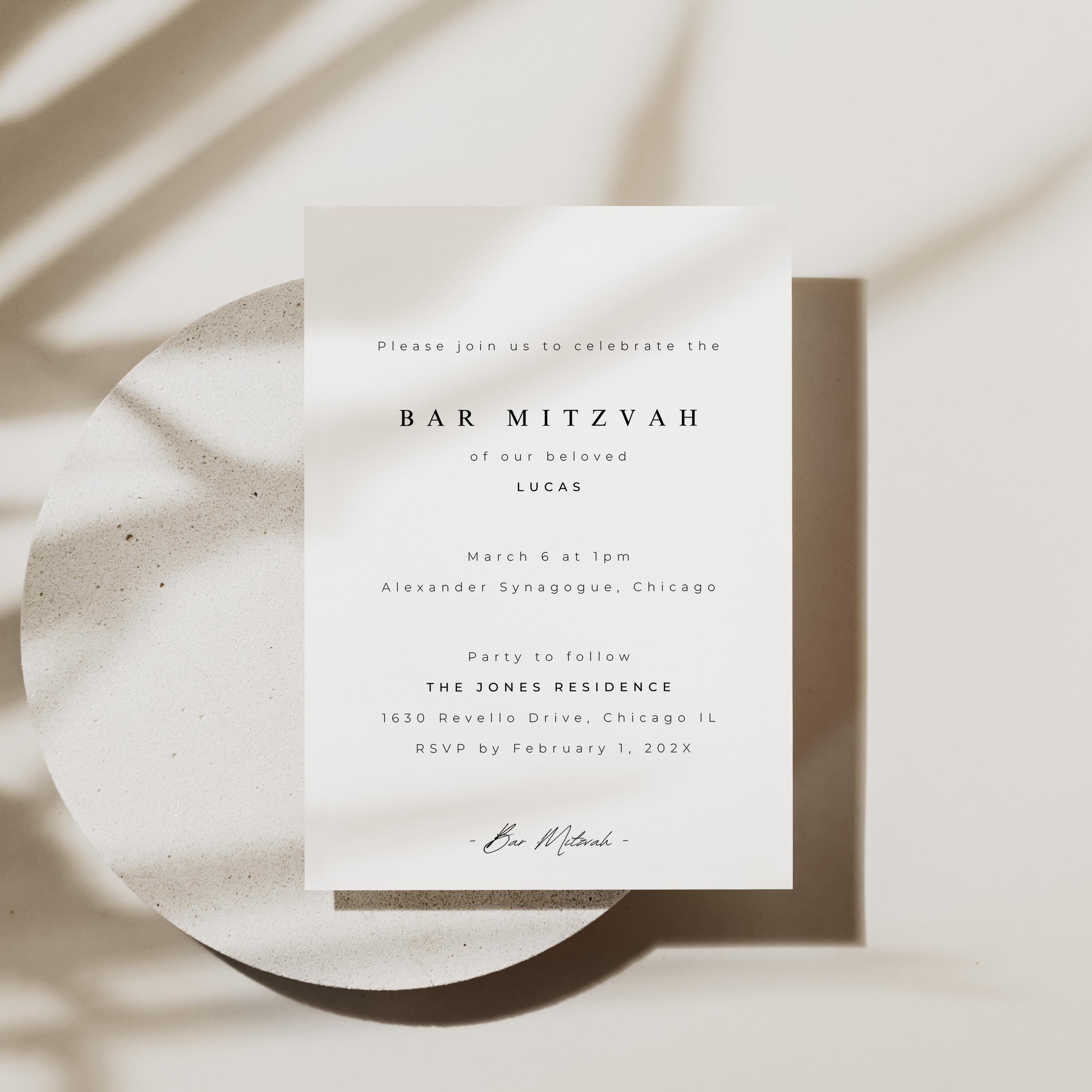 Editable Bar Mitzvah Invitation Template, Modern Minimalist Bar Mitzvah ...