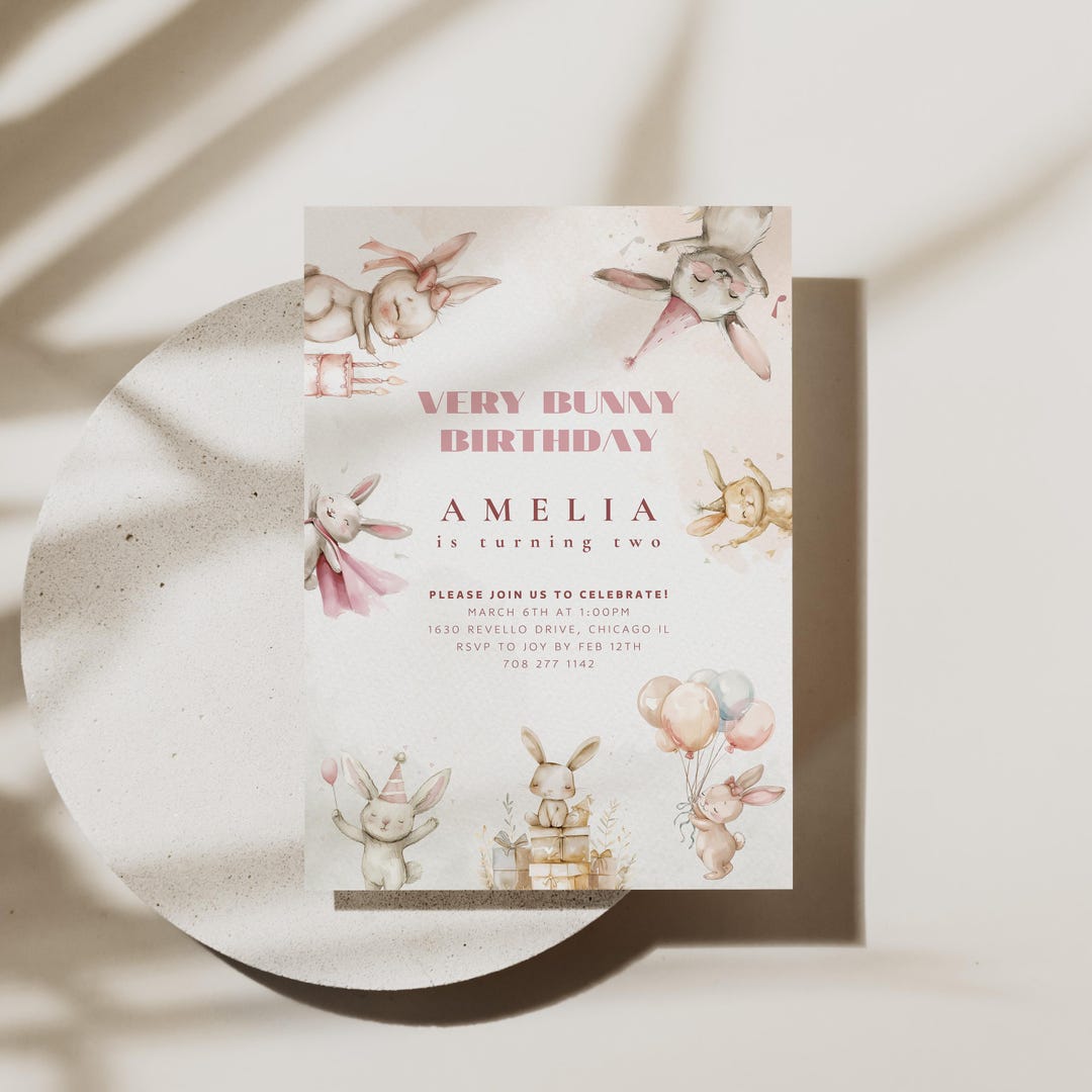 Editable Cute Bunny Birthday Invitation Template Rabbit Kids Party ...