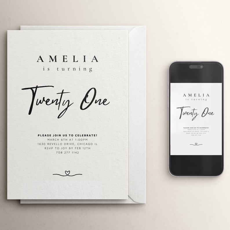 21st Birthday Invitation Template Twenty First Party Invite Heart Party ...