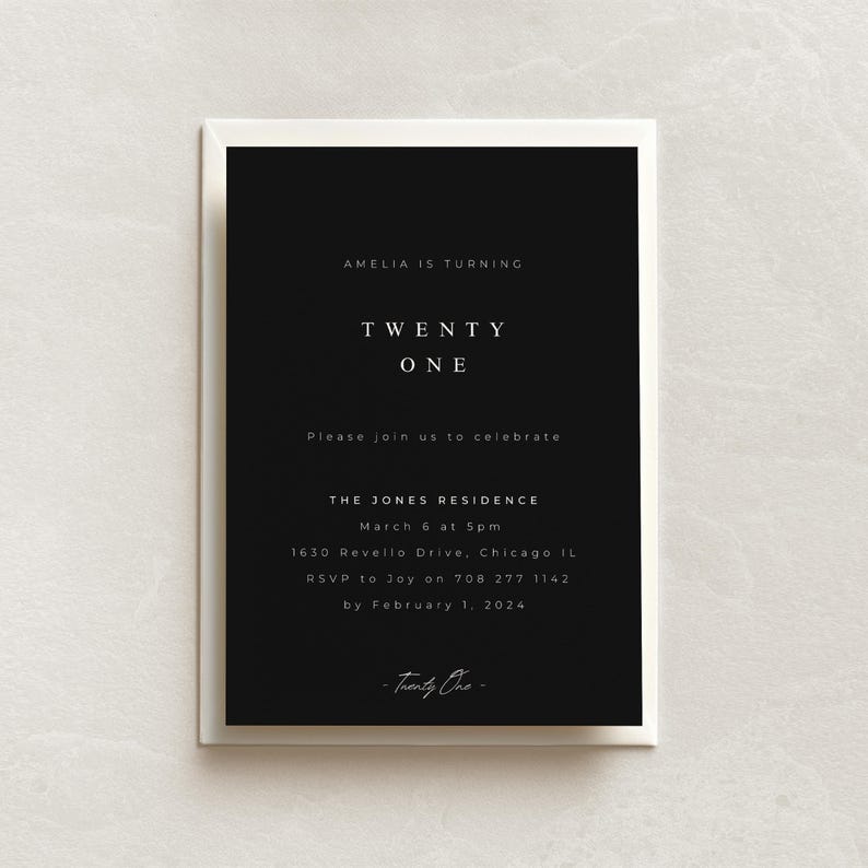 Editable 21st Black Birthday Invitation Template, Modern Minimalist ...