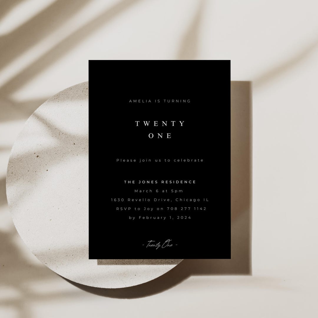 Editable 21st Black Birthday Invitation Template, Modern Minimalist ...
