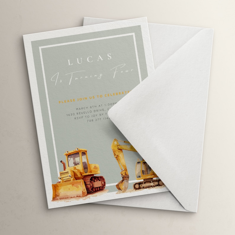 Editable Excavator Construction Birthday Invitation Tractor Excavator ...