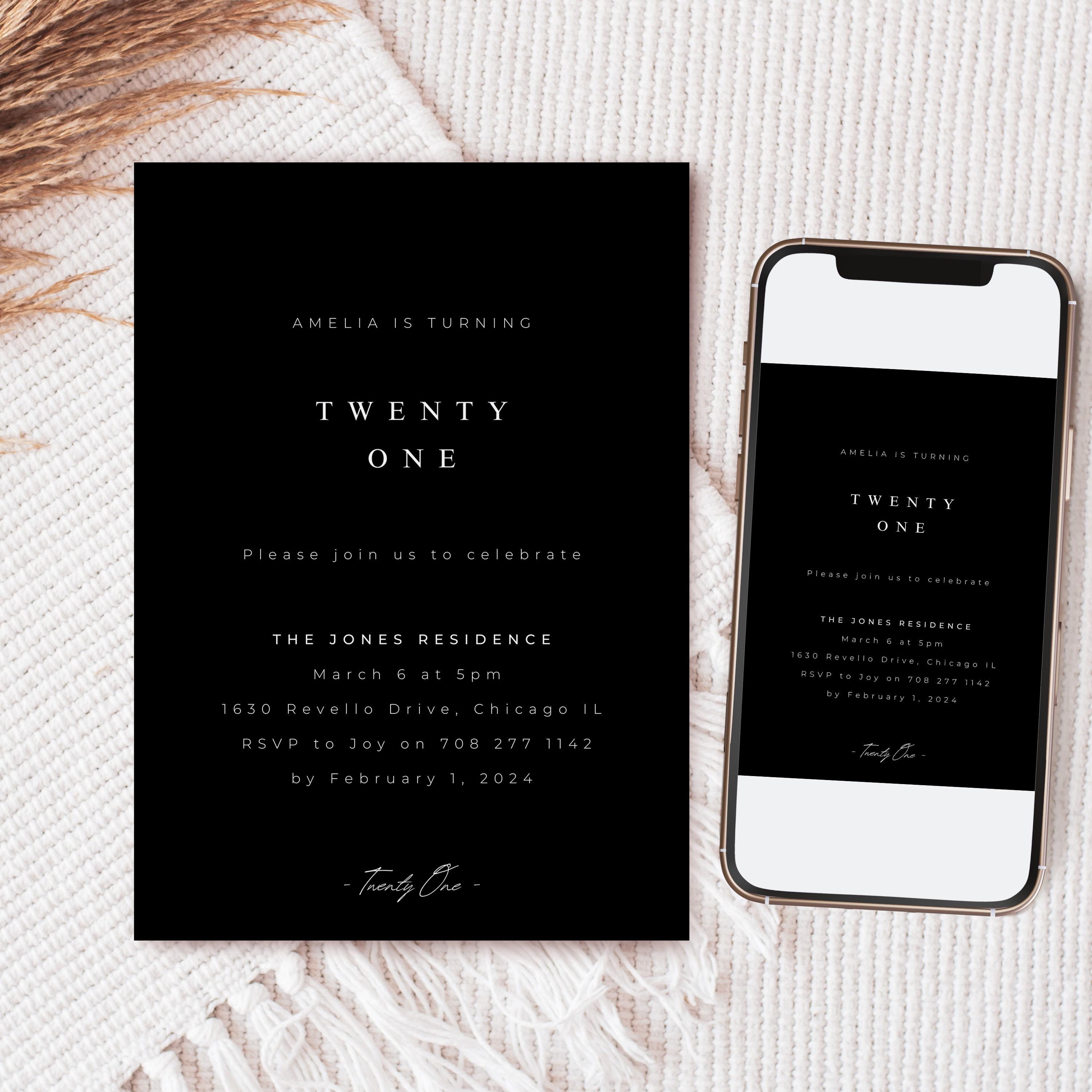 Editable 21st Black Birthday Invitation Template, Modern Minimalist ...