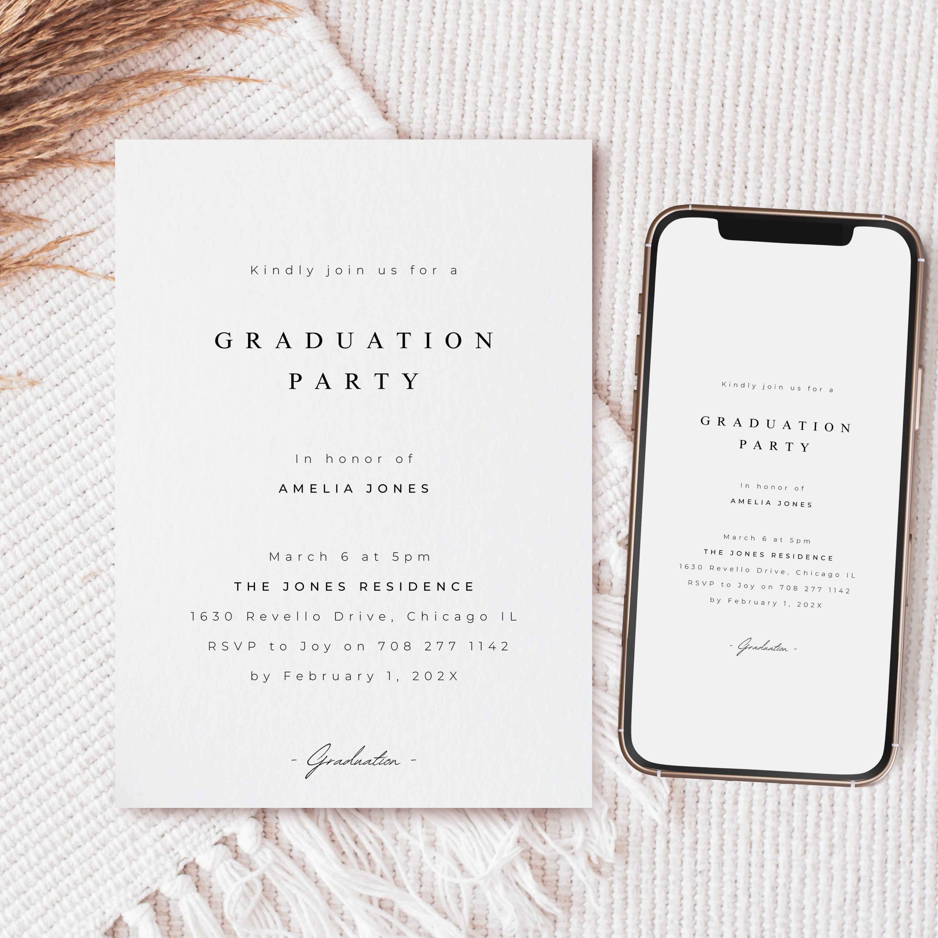 Editable Graduation Party Invitation Template, Modern Minimalist ...
