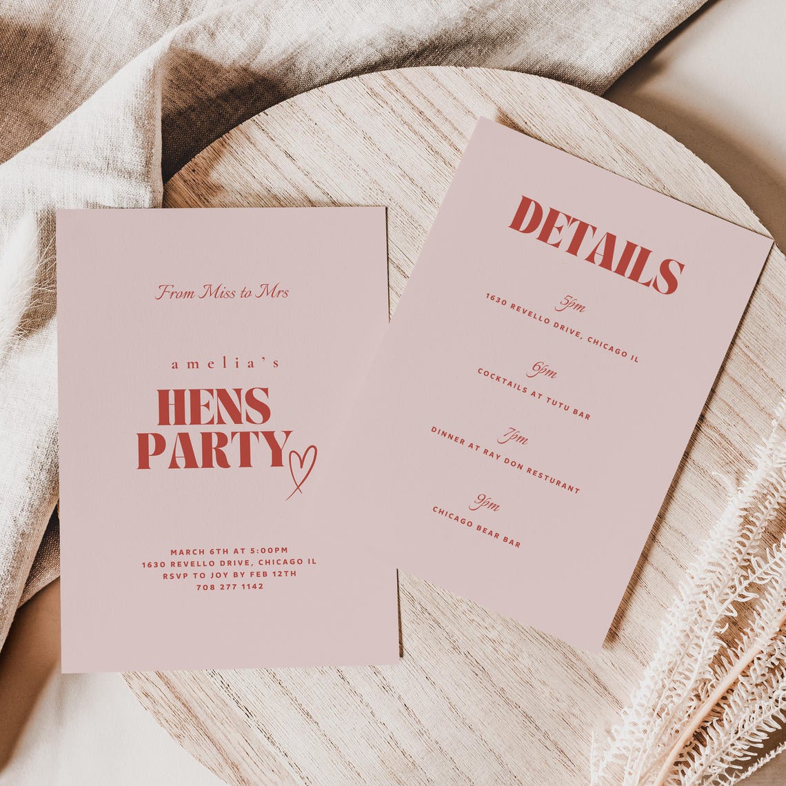 Retro Hens Party Invitation Template: Pink & Red Bachelorette Itinerary ...