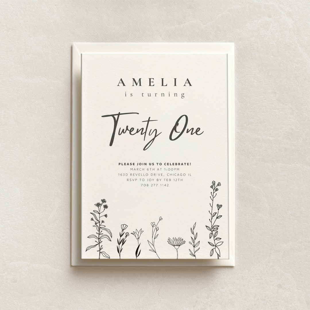 Editable 21st Flower Birthday Invitation Twenty First Party Invite ...