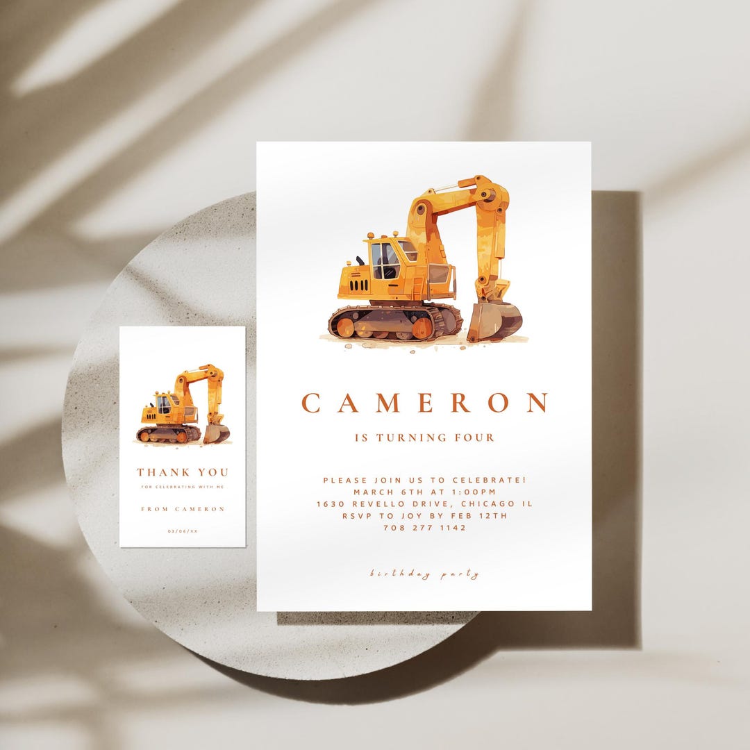 Construction Excavator Birthday Party Invitation Template Printable Boy ...